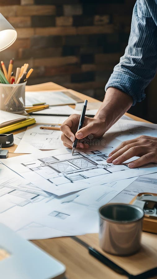 Workspace with Design Tools, Materials, and Architectural Sketches ...