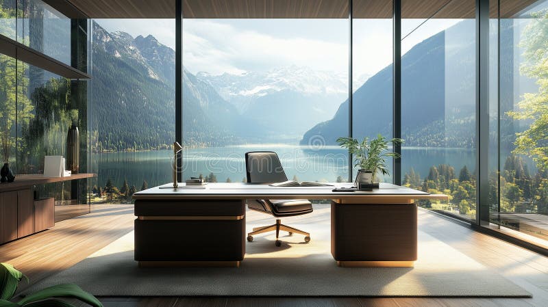 The Workspace is Designed with an Executive Desk Facing a Serene Lake ...