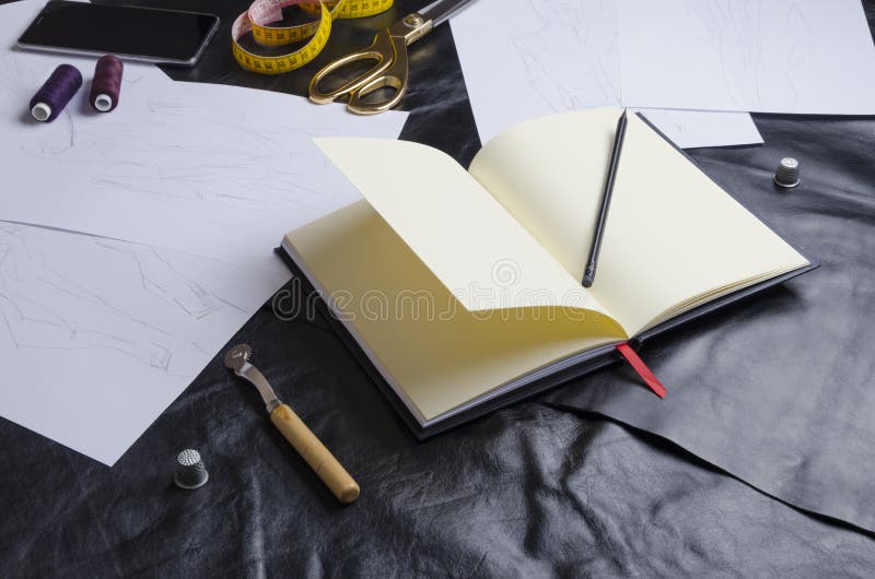 Workspace of Designer.Process of Designing of Clothes Collections Stock ...