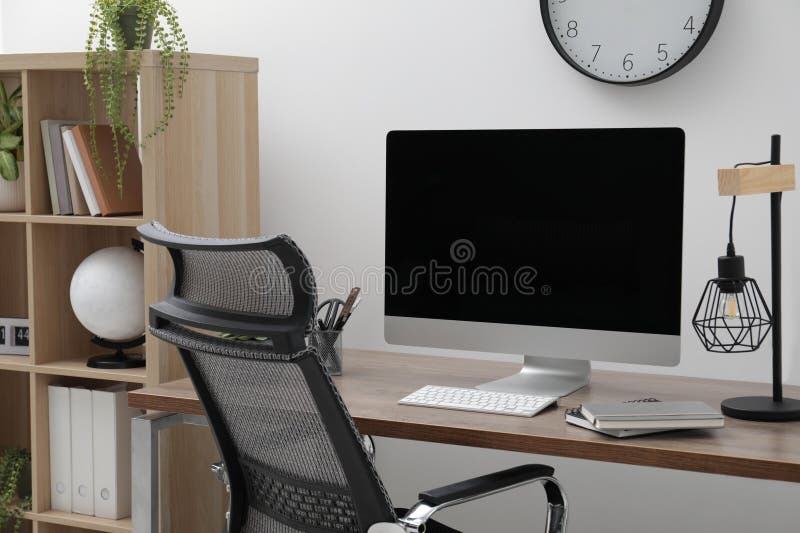 Workspace with Desk, Chair and Computer at Home Stock Photo - Image of ...
