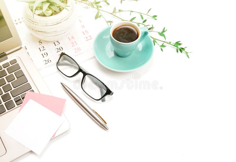 Laptop Coffee Cup Work Place on Wooden Background Empty Space. Stock ...