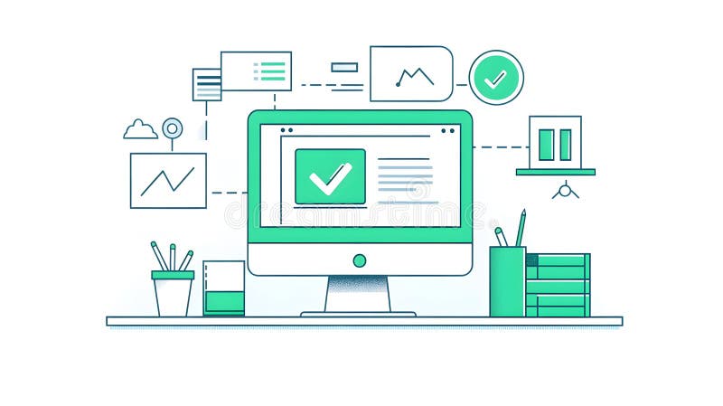 Workspace with Desktop Computer, Books, and Office Supplies in a Clean ...