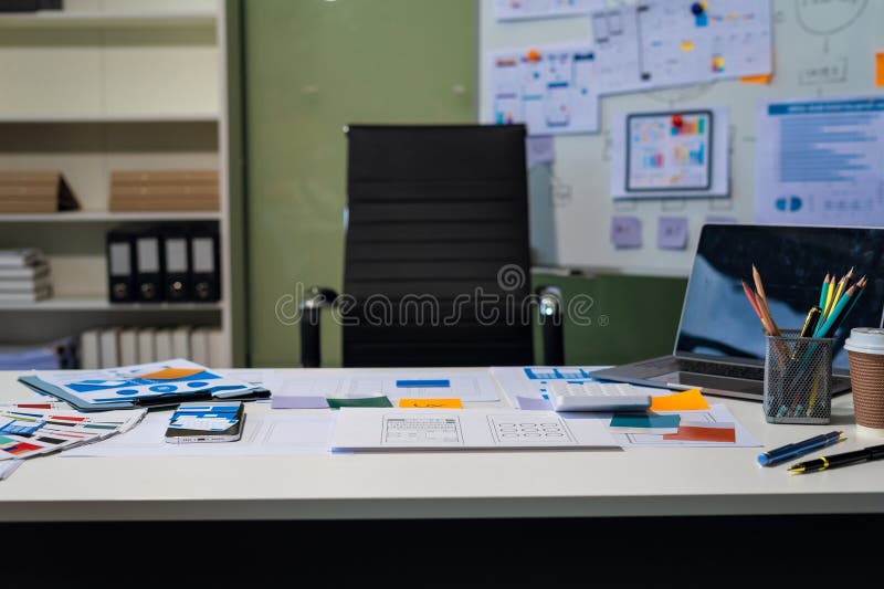 Workspace with Desktop Computer, Office Supplies, Houseplant and Coffee ...