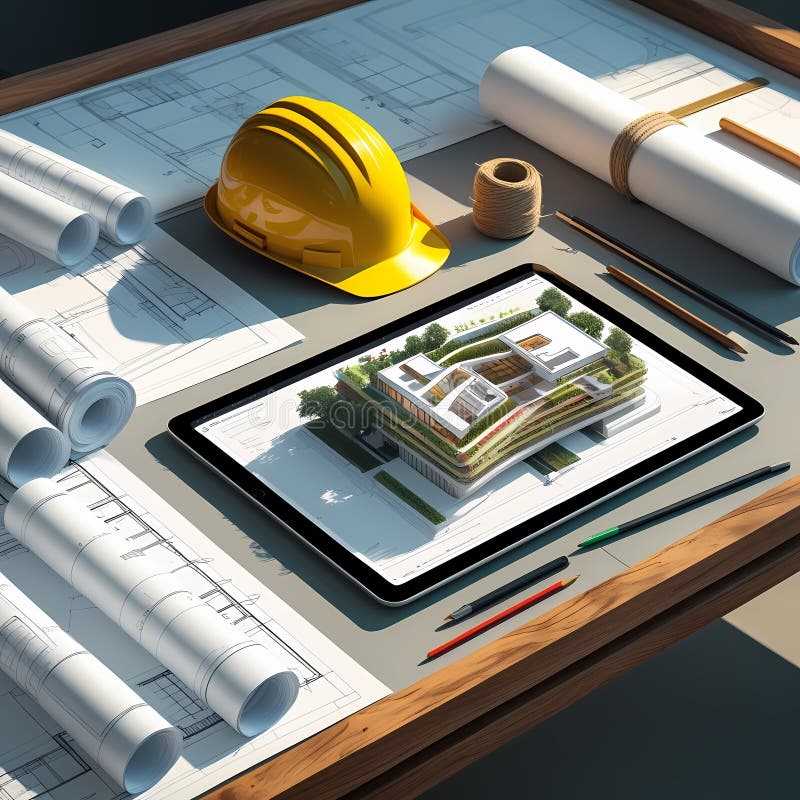 A Workspace Displays Architectural Elements, Featuring Rolled-up ...