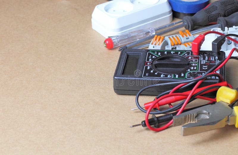 Electrician Tools and Wires on Craft Background, Flat Lay. Stock Image ...