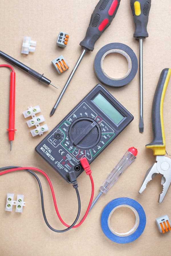 Electrician Tools and Wires on Craft Background, Flat Lay. Stock Image ...