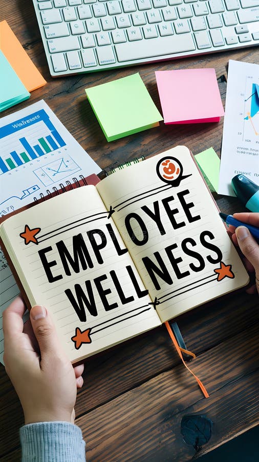 Workspace with Employee Wellness Notebook, Keyboard, Sticky Notes ...