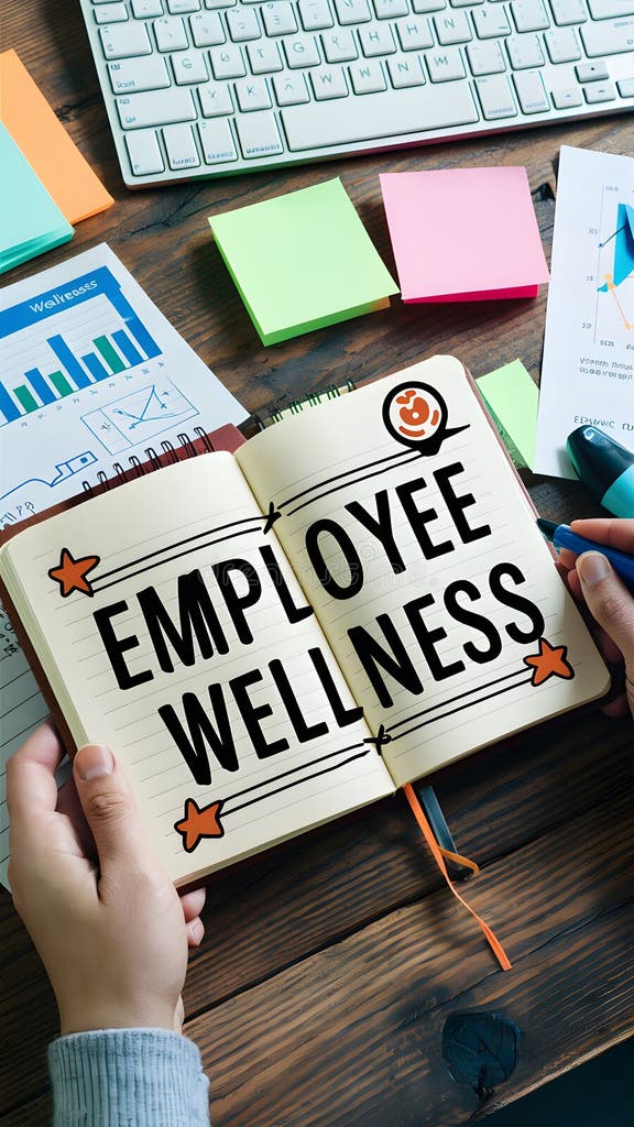 Workspace with Employee Wellness Notebook, Keyboard, Sticky Notes ...