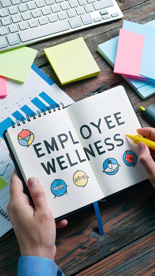Workspace with Employee Wellness Notebook, Keyboard, Sticky Notes ...
