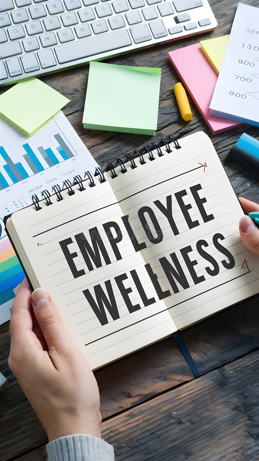 Workspace with Employee Wellness Notebook, Keyboard, Sticky Notes ...