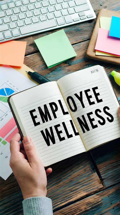 Workspace with Employee Wellness Notebook, Keyboard, Sticky Notes ...