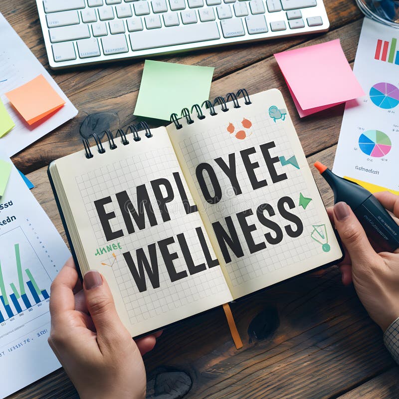 Workspace with Employee Wellness Notebook, Keyboard, Sticky Notes ...