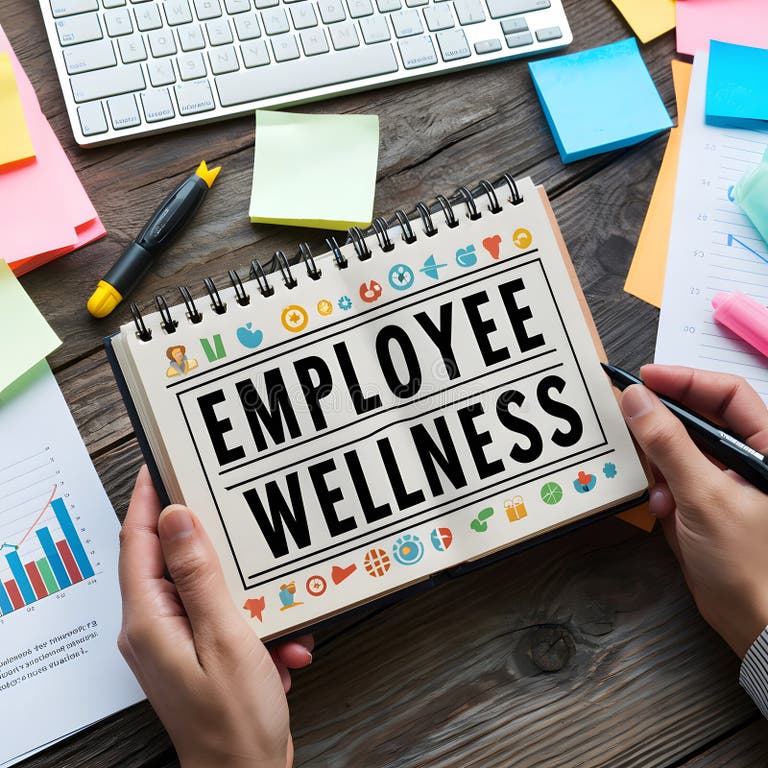 Workspace with Employee Wellness Notebook, Keyboard, Sticky Notes ...
