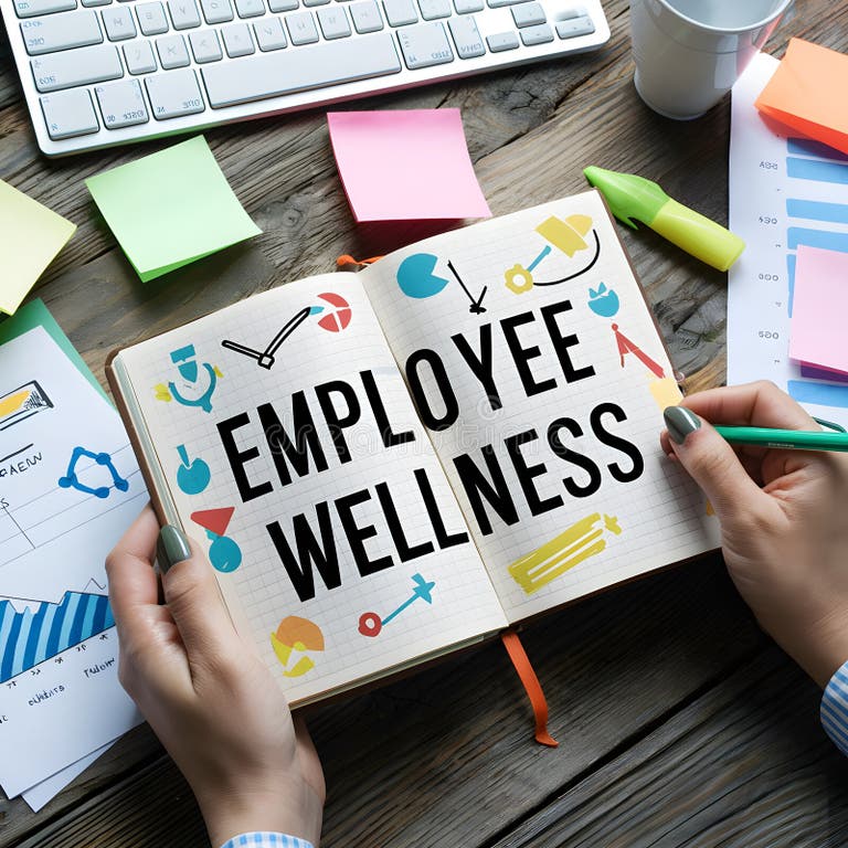 Workspace with Employee Wellness Notebook, Keyboard, Sticky Notes ...