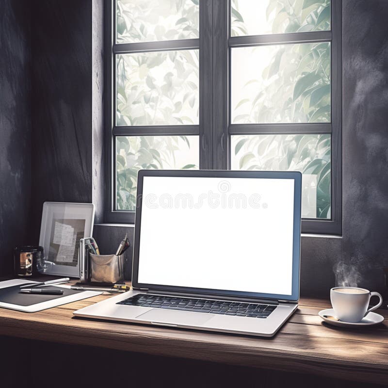 Workspace Essentials Laptop, White Blank Screen, Coffee, Tablet, Notebook, Pen Stock ...