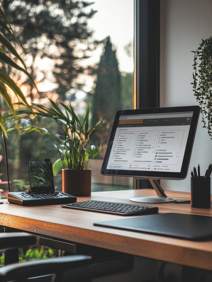 This Workspace Features an Adjustable Height Desk, Plants, and a ...