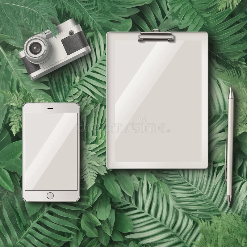 Creative Workspace Layout with Camera, Smartphone, Clipboard, and Pen ...