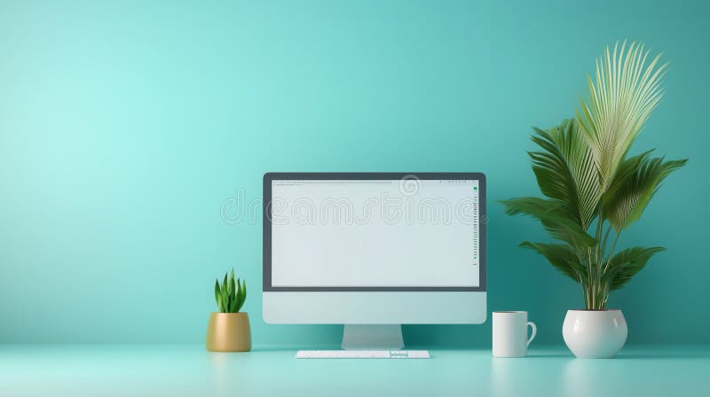 Workspace Features a Computer and Lush Greenery Stock Photo - Image of ...