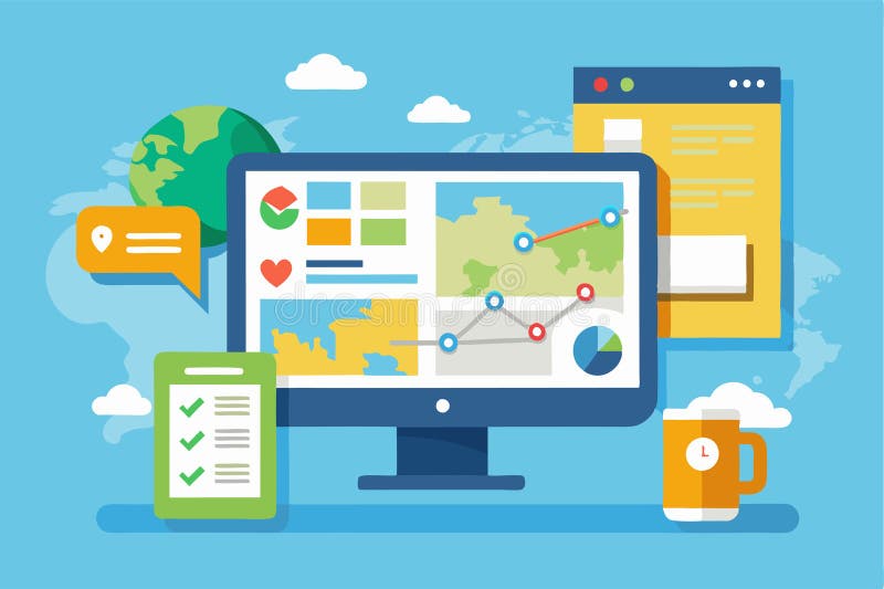 A Workspace Features a Computer with a Map, Schedule, and a Checklist ...