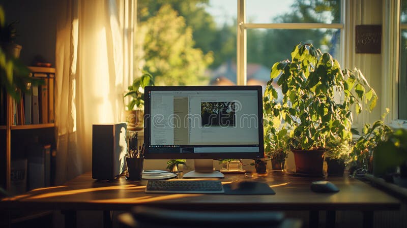 Home Office Setup with Plants and Natural Light in a Cozy Workspace ...
