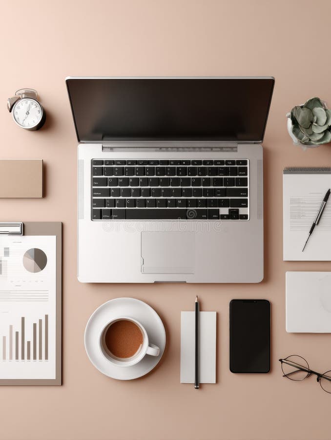 Flat Office Desk Setup with Laptop, Coffee, Charts, and Workspace Essentials Inviting ...