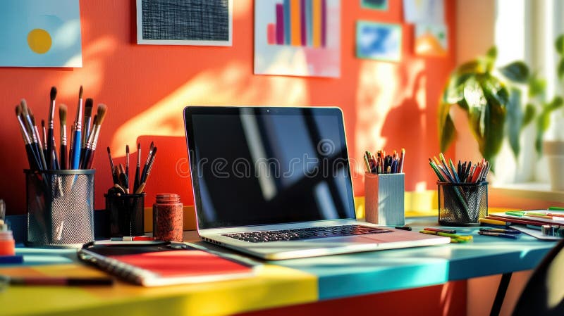 The Workspace Features a Laptop Surrounded by Colorful Stationery Items ...