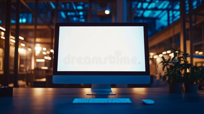 The Workspace Features a Modern Office Desk, a Computer Mockup, and a ...