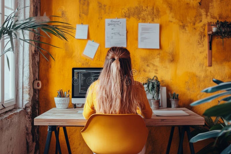 This Workspace Features a Woman Focused on Her Computer, Surrounded by ...
