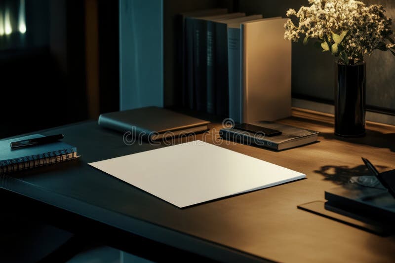 A Workspace Featuring a Blank Sheet of Paper, Surrounded by Books and a ...