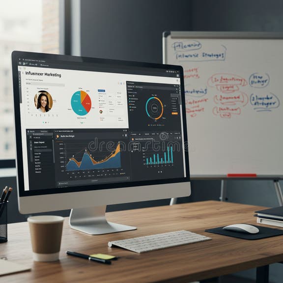 A Workspace Featuring a Computer Displaying Data Analytics Charts and ...