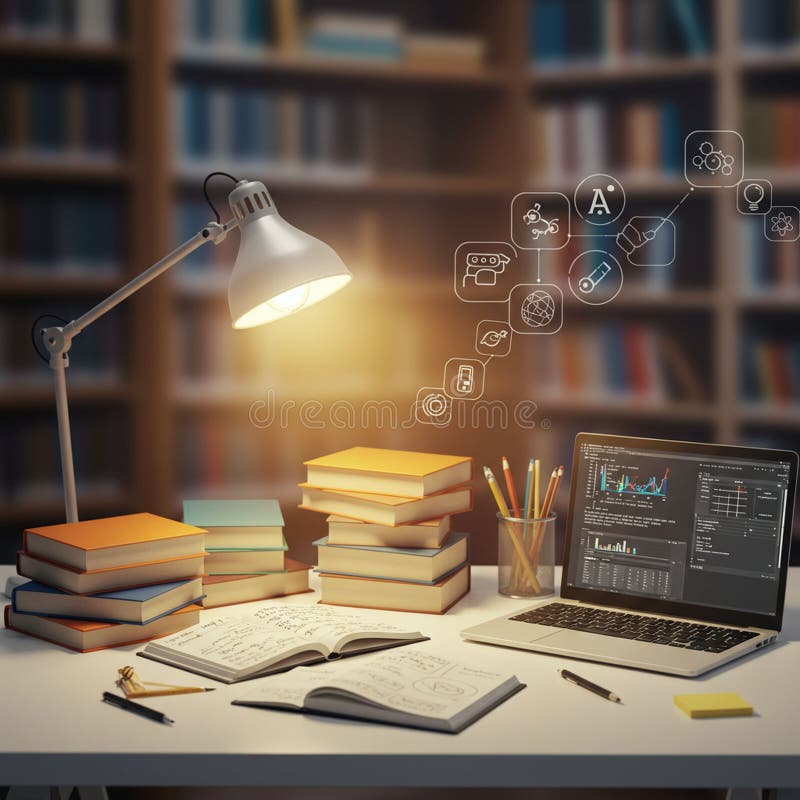 A Workspace Featuring a Desk Lamp Illuminating Stacks of Books and Open ...