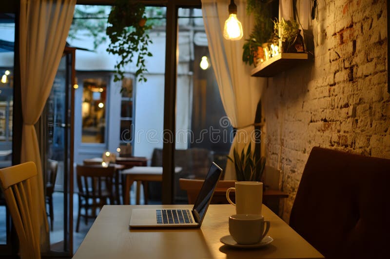 A Workspace Featuring a Laptop and Coffee Cup in a Warm, Inviting Cafe ...