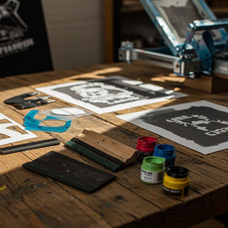 A Workspace Featuring Screen Printing Tools, Including a Squeegee, Inks ...