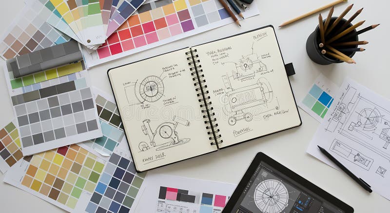 A Workspace Featuring a Spiral-bound Sketchbook with Technical Drawings ...