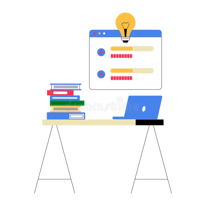 Workspace with Books, Laptop, and Online Learning Interface in Flat ...