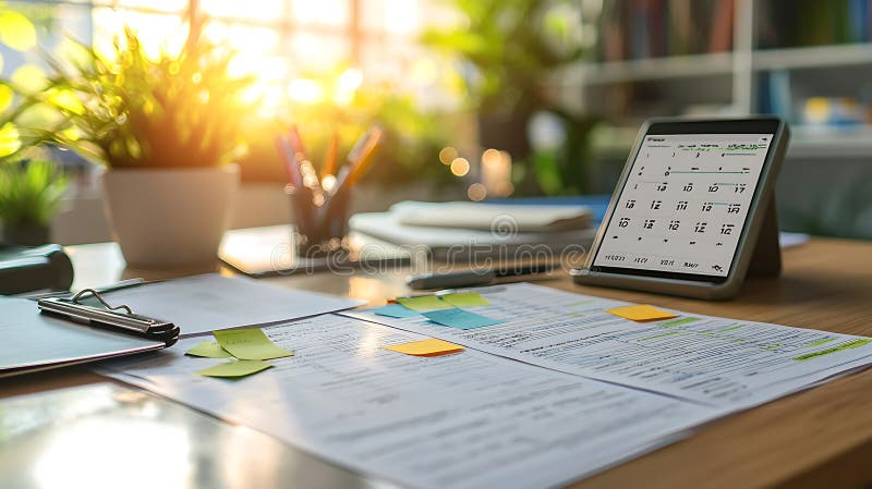 Workspace Featuring Tax Documents, Sticky Notes, and Tablet in Sunlight ...