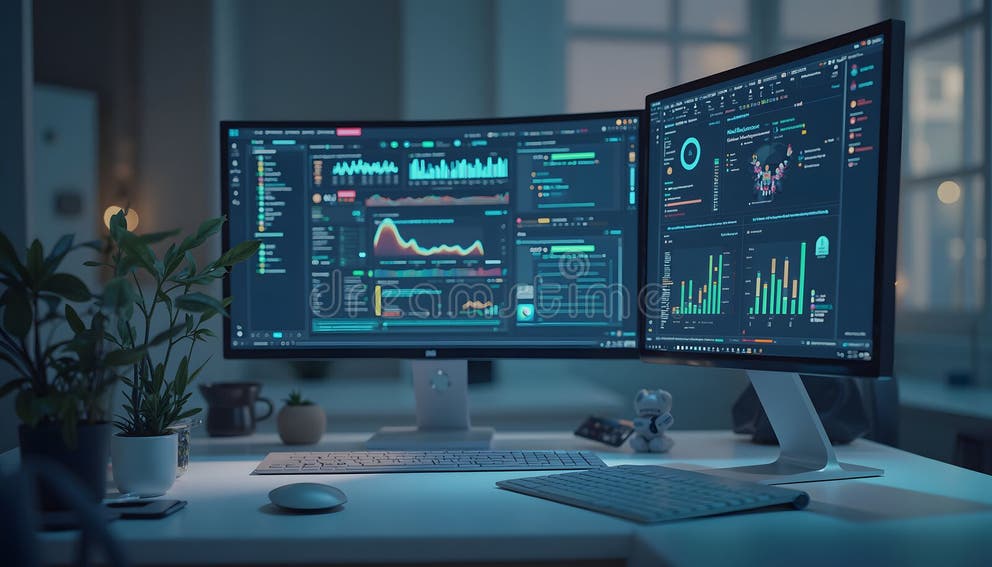 Dual Monitors Displaying Data Analytics and Charts on a White Desk, Technology, Work Stock Image ...