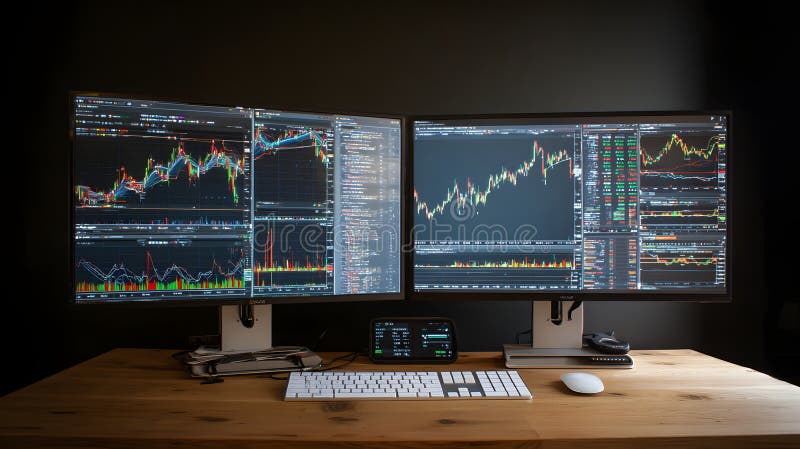 Dual Monitors Displaying Stock Market Charts and Data Analysis at Workspace Stock Illustration ...