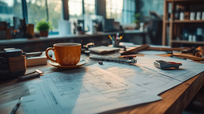 Workspace Filled with Construction Plans, Tools, and Coffee Cup ...