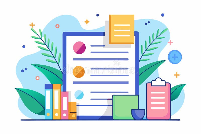 A Workspace Filled with Documents, Sticky Notes, Notebooks, and Plants ...