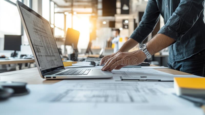 Workspace Filled with Plans As a Person Works on a Laptop during ...