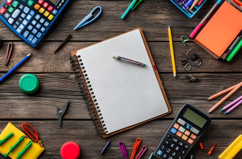 A Workspace Filled with Stationery, Tools, and a Blank Notebook for ...