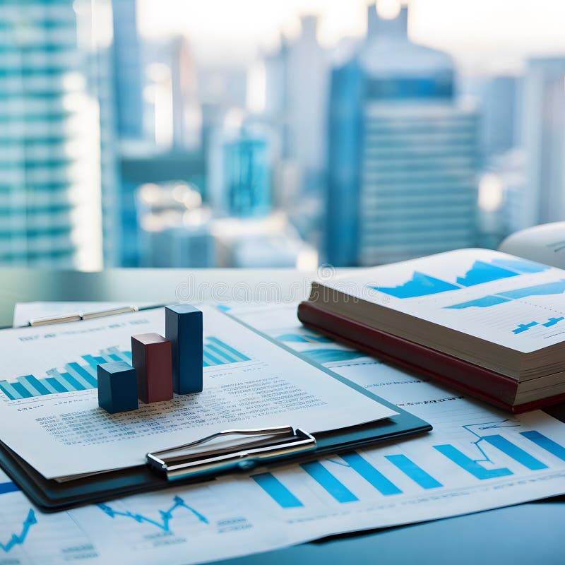 Workspace with Financial Documents, Bar Chart, Book with Blue Graphs ...