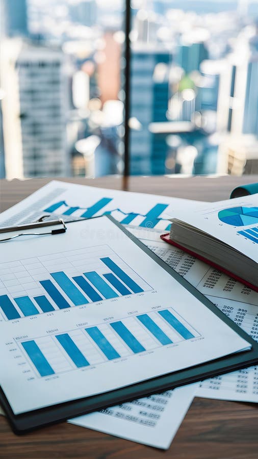 Workspace with Financial Documents, Bar Chart, Book with Blue Graphs ...
