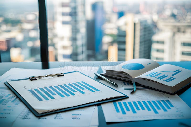 Workspace with Financial Documents, Bar Chart, Book with Blue Graphs ...