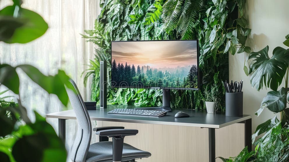 Workspace with Greenery and Desktop Computer Stock Illustration - Illustration of nature ...