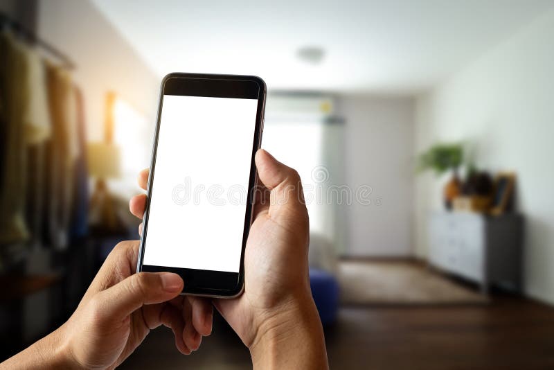 Workspace Hand Holding Smart Phone Device Stock Image - Image of ...