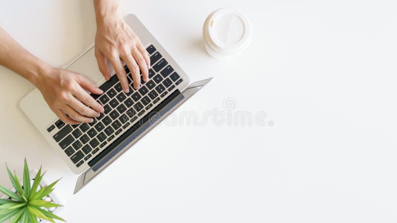 Workspace with Hands Typing on Laptop. Flat Lay Stock Photo - Image of ...