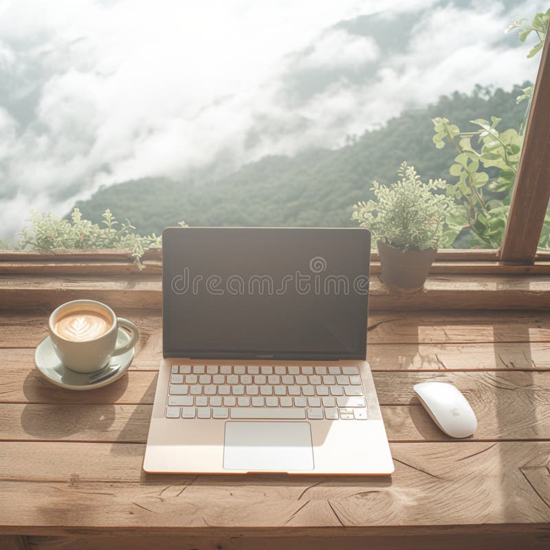 Workspace Harmony Computer, Keyboard, Mouse, and Coffee Amidst Nature ...