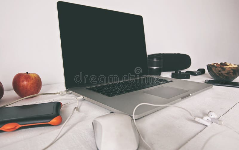 Workspace at Home with Modern Laptop on the Wooden Table Stock Image ...